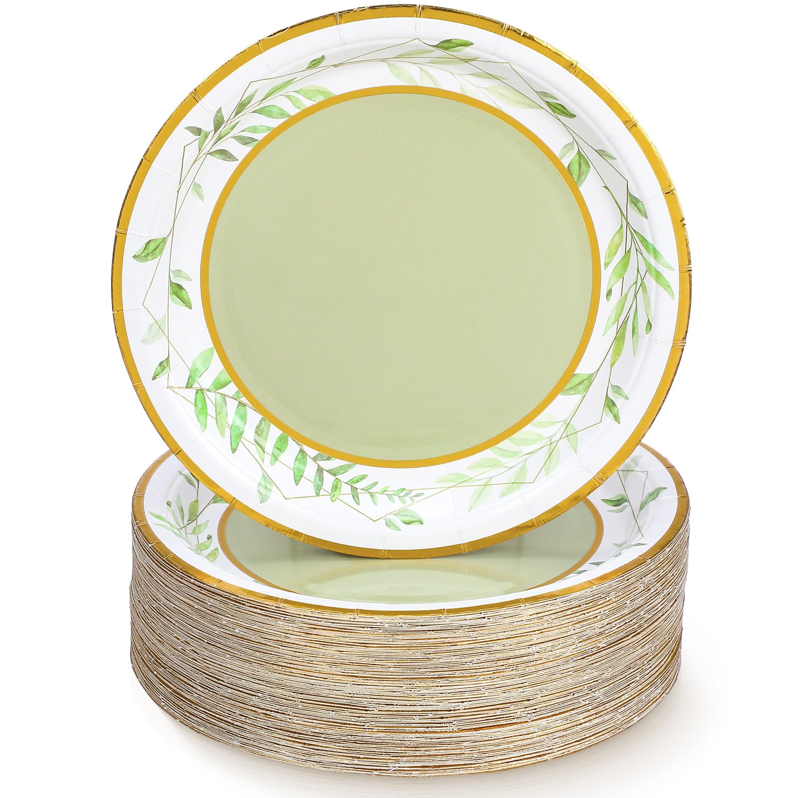 Tanlade 100 Pcs Sage Green Plates, 7'' Eucalyptus Paper Plates Decorative Disposable Gold Foil Greenery Plates for Baptism Baby Bridal Shower Wedding Jungle House Warming Decoration Party Supplies