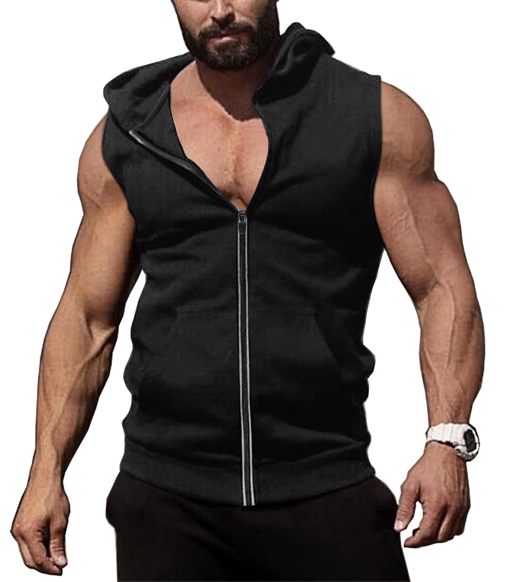COOFANDY Men Hoodies Sleeveless Workout Tank Top Zip Up Gym Bodybuilding Training Fitness Shirt Black