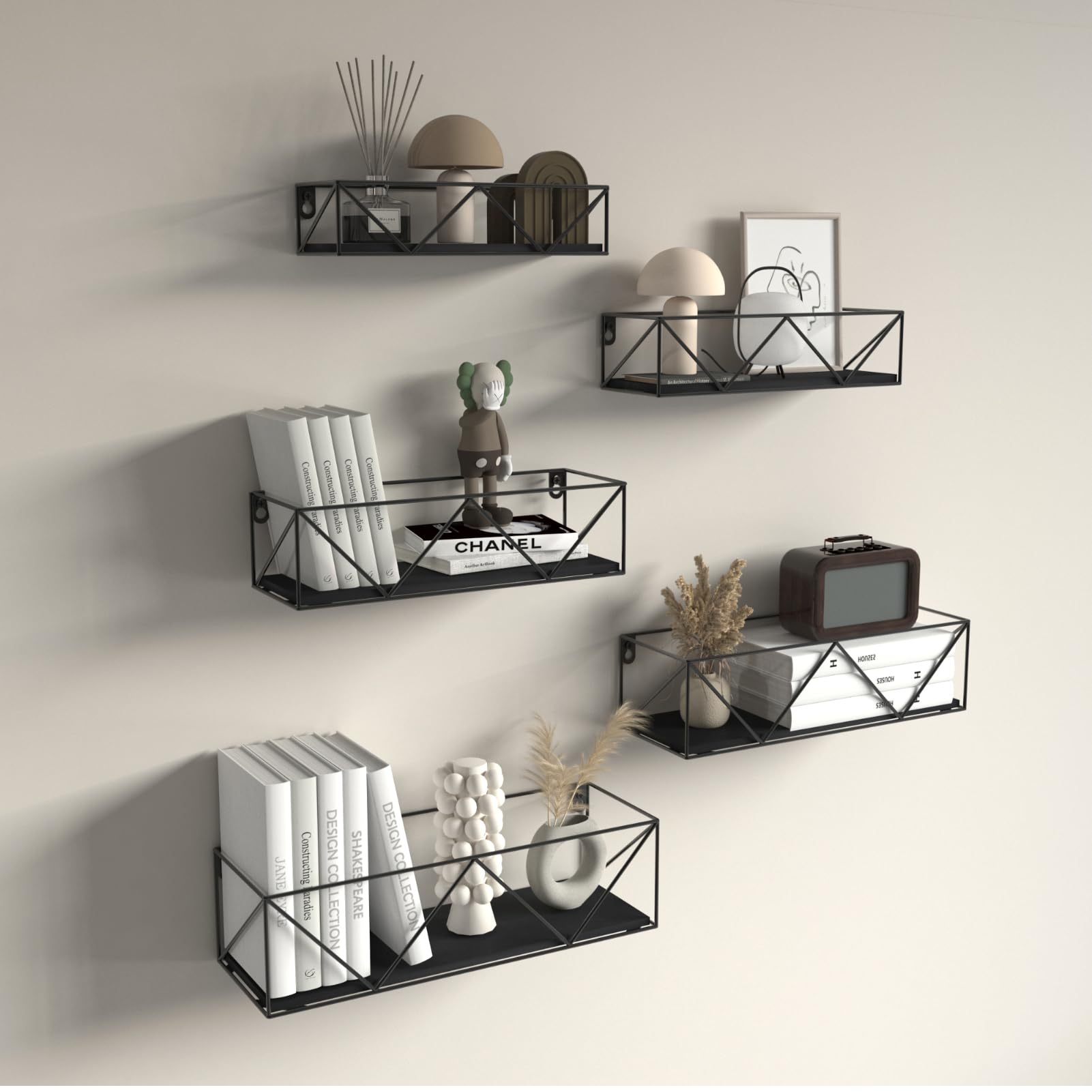 CRUGLA Black Floating Shelves Wall Mounted Set of 5, Hanging Storage Wall Shelf for Bathroom, Bedroom, Living Room, Kitchen