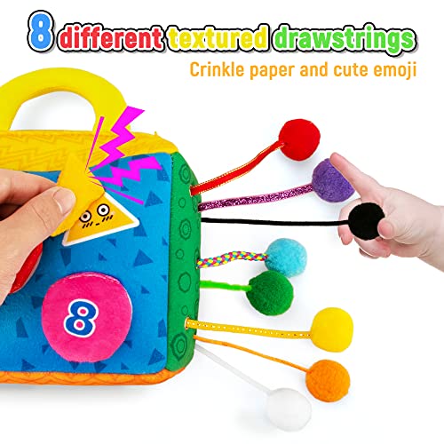 Educational 1 Year Old Activity Pull String Baby Preschool Sensory Toys for Learning Fine Motor Skills Shape Sorter Montessori Toys for Babies 6-12 Months-8 Ropes&2-Sided Bag&20 Cotton Water Balls