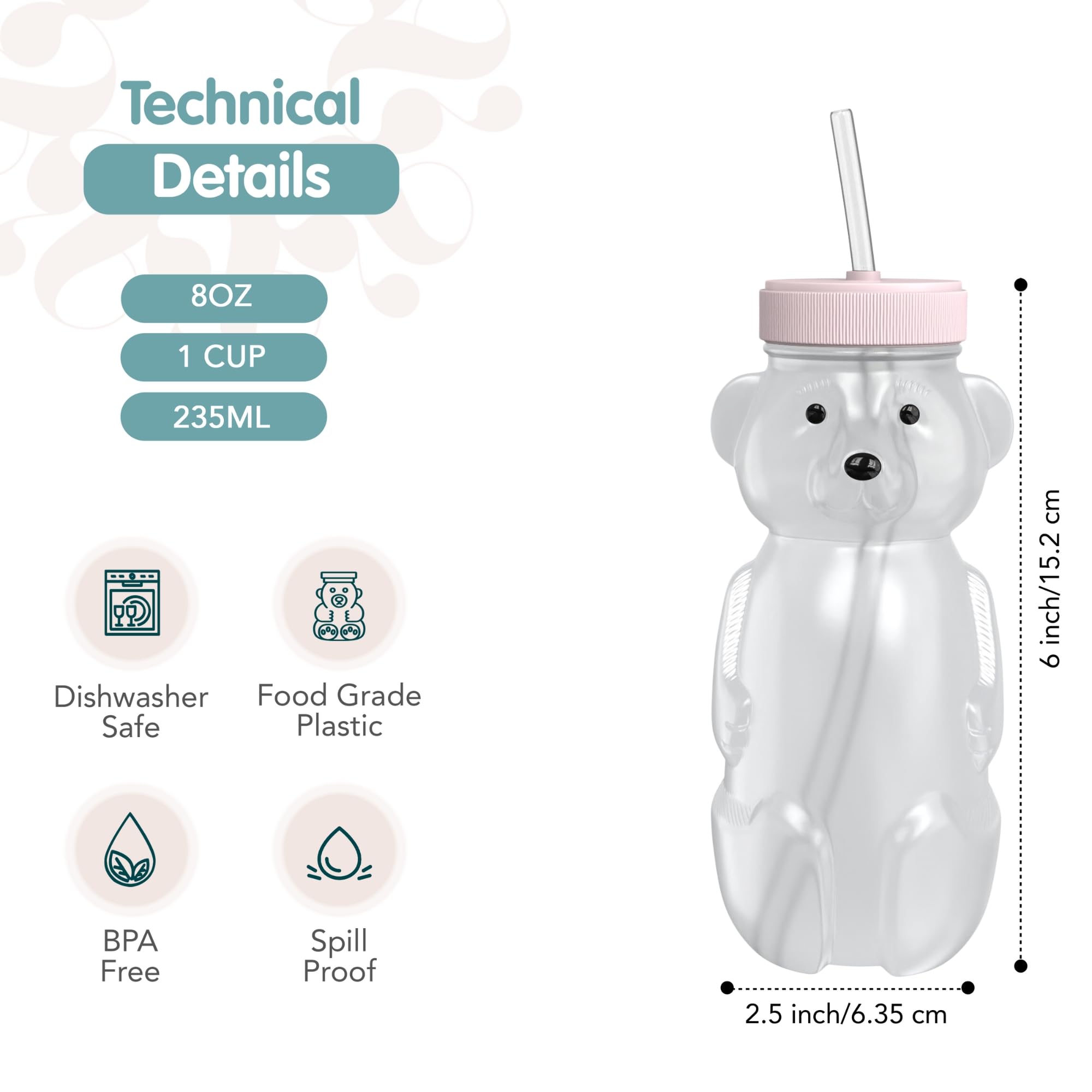 The 730 Project Honey Bear Straw Cup for Babies, 8-oz Honey Bear Cup with Lid, 3-Pack Therapy Learning Honeybear Straw Cup, Baby Honey Bear Bottle Set, Cherry Blossom PINK