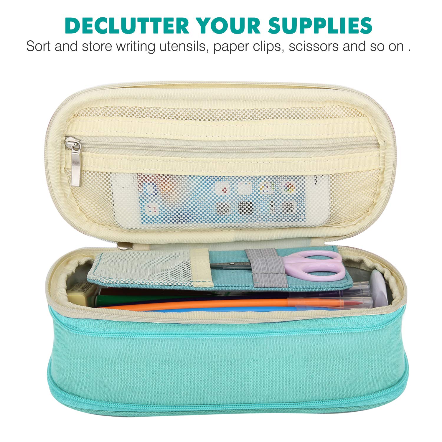 MoKo Big Capacity Pencil Pen Case, Large Capacity Storage Bag Pouch Box Makeup Pen Bag Cosmetic Bag Stationery Organizer Storage with Zippers for Office/School Supplies - Beige & Blue