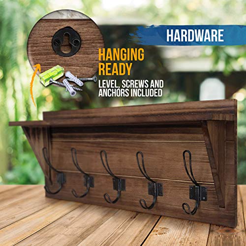 Matching Wall Mounted Coat Hooks Set - Beautiful Entryway Shelf and Coat Rack with Hooks, 24" | Solid Pine Wood | Perfect Touch for Your Bathroom, Kitchen, Mudroom | Rustic Brown