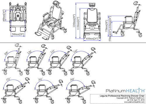 Laguna Professional Reclining Shower Chair with Wheels, Institutional Quality Adjustable Tilting Commode Seat for Shower and Bathtub for Elderly, Seniors, and Disabled, Padded Seat, Back, Armrests