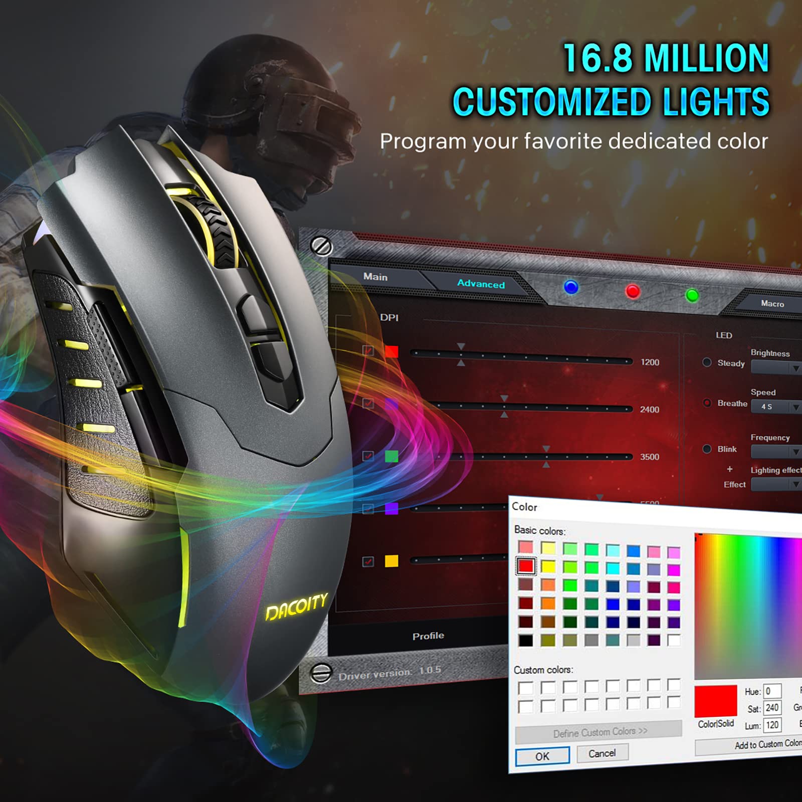 Dacoity Wired Gaming Mouse, PC Gaming Mice Gamer Mouse [RGB LED][7200 DPI][7 Programmable Buttons][Plug Play] USB Ergonomic Mouse for Windows Mac Laptop PC Gamers - Grey