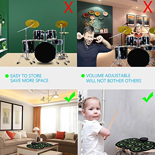 Electric Drum Set, Electronic Drum Pad - Portable Foldable Roll Up 9 Pads Practice Digital Drum Kit for Kids and Adult Beginner Drummers Christmas Gift