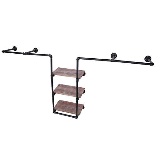 VPABES Wall Mounted Clothing Storage Rack 3 Tiers Industrial Pipe Rustic Garment Hanging Bar Space-Saving Wooden Shelves Book Plant Retail Display Shelf for Boutique Store
