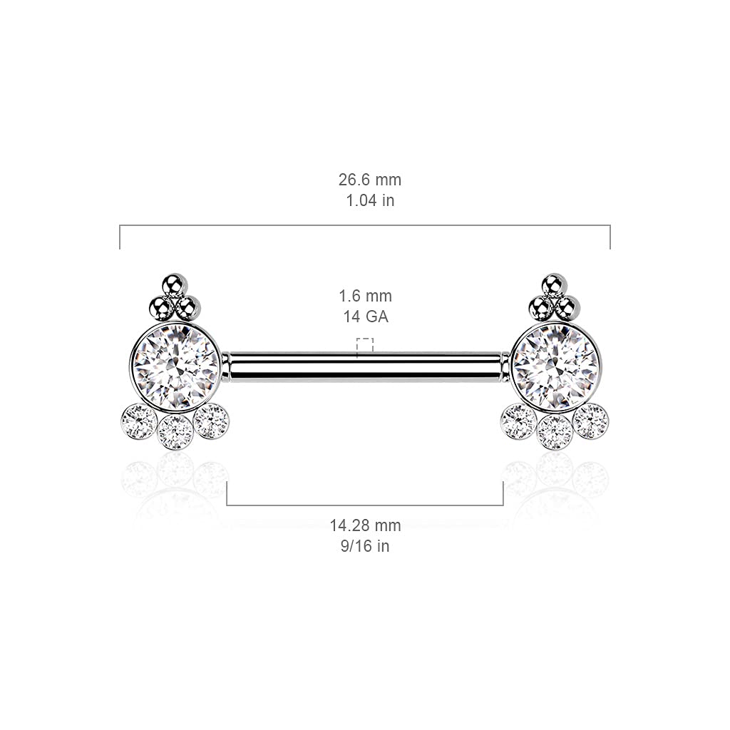 Dynamique 316L Surgical Steel Threadless Push In Nipple Barbell With 4 CZ And Ball Cluster On Each Side (Sold Per Pair Or Per Piece)