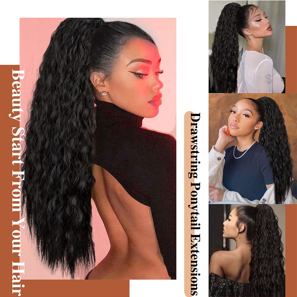 MOTEFOUS Long Wavy Drawstring Ponytail Extension Synthetic Natural Black Curly Wavy Ponytail Hairpieces for Women 24 INCH Wavy Drawstring Ponytail for Black Women (1B)