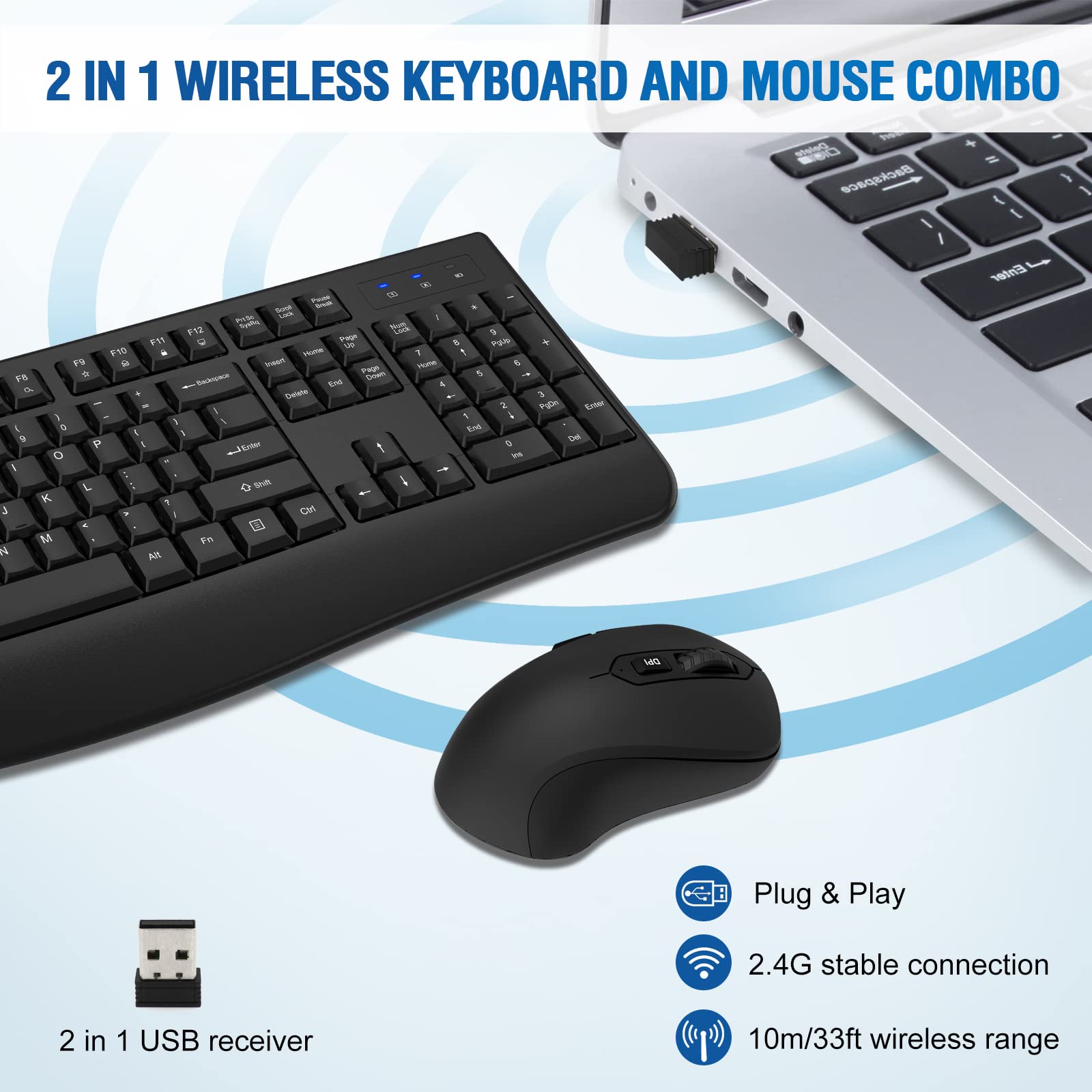 Full-Sized 2.4GHz Wireless Keyboard and Mouse Combo with Comfortable Palm Rest for Windows, Mac OS PC/Desktops/Laptops(Black)