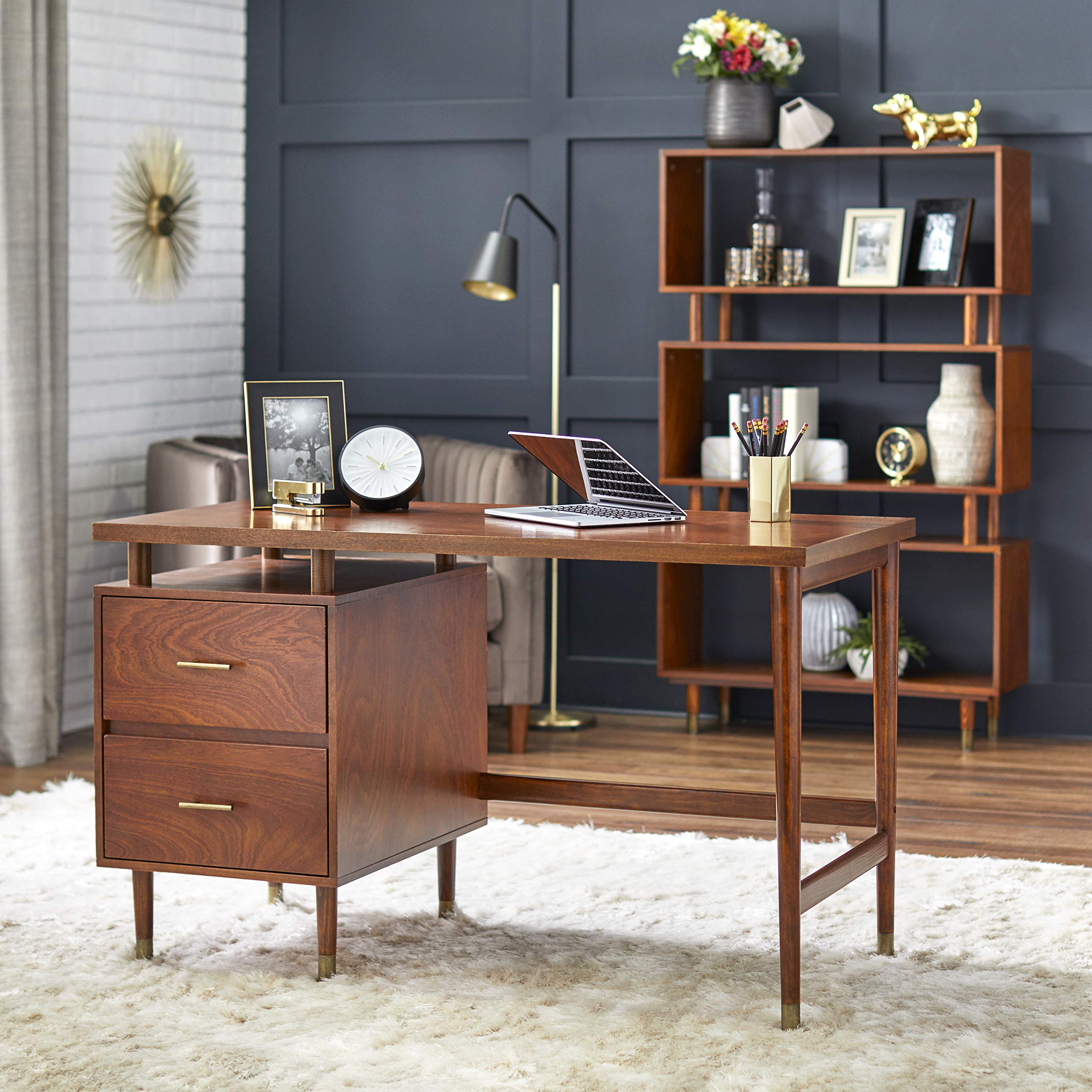 Target Marketing Systems Margo Home Office, Study Room, Vanity or Bedroom, Computer Elevated Table Top and 2 Spacious Drawers, Mid-Century Style Desk with Storage, 50β x 24β, Walnut