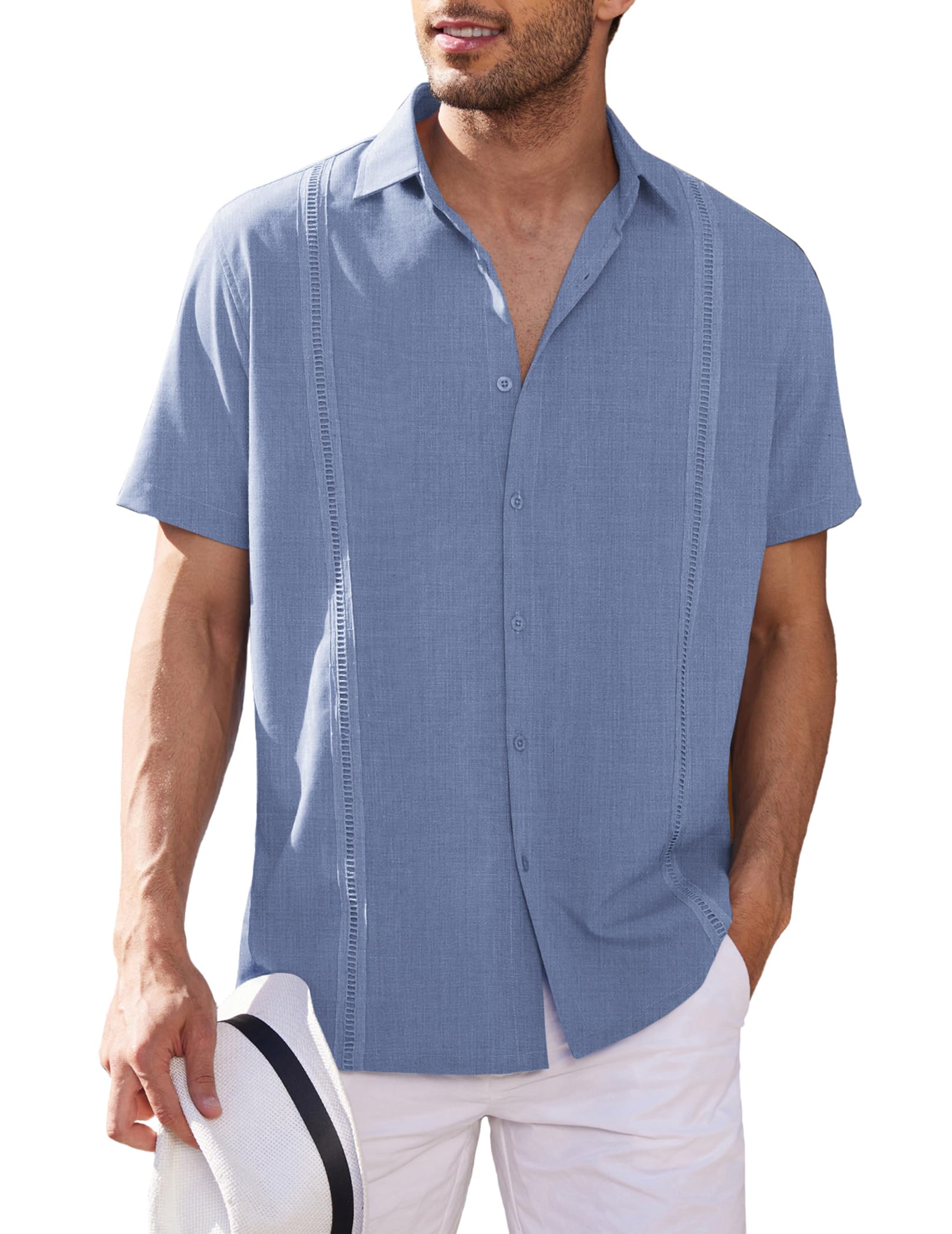COOFANDY Men's Short Sleeve Button Down Shirt for Men Summer Casual Cotton Shirt~ Grey Blue