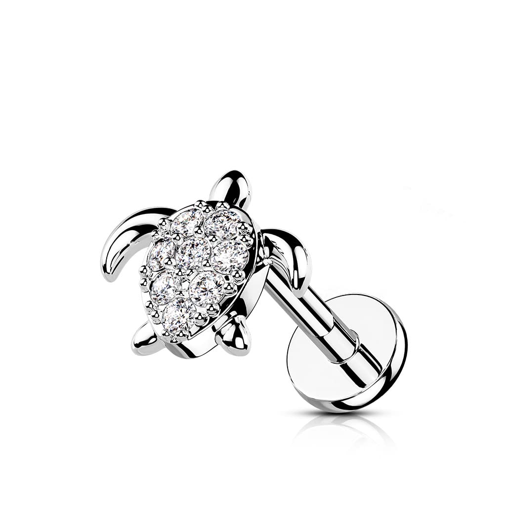 Dynamique CZ Paved Turtle Internally Threaded 316L Surgical Steel Flat Back Studs For Labret, Monroe, Cartilage And More (Sold Per Piece)