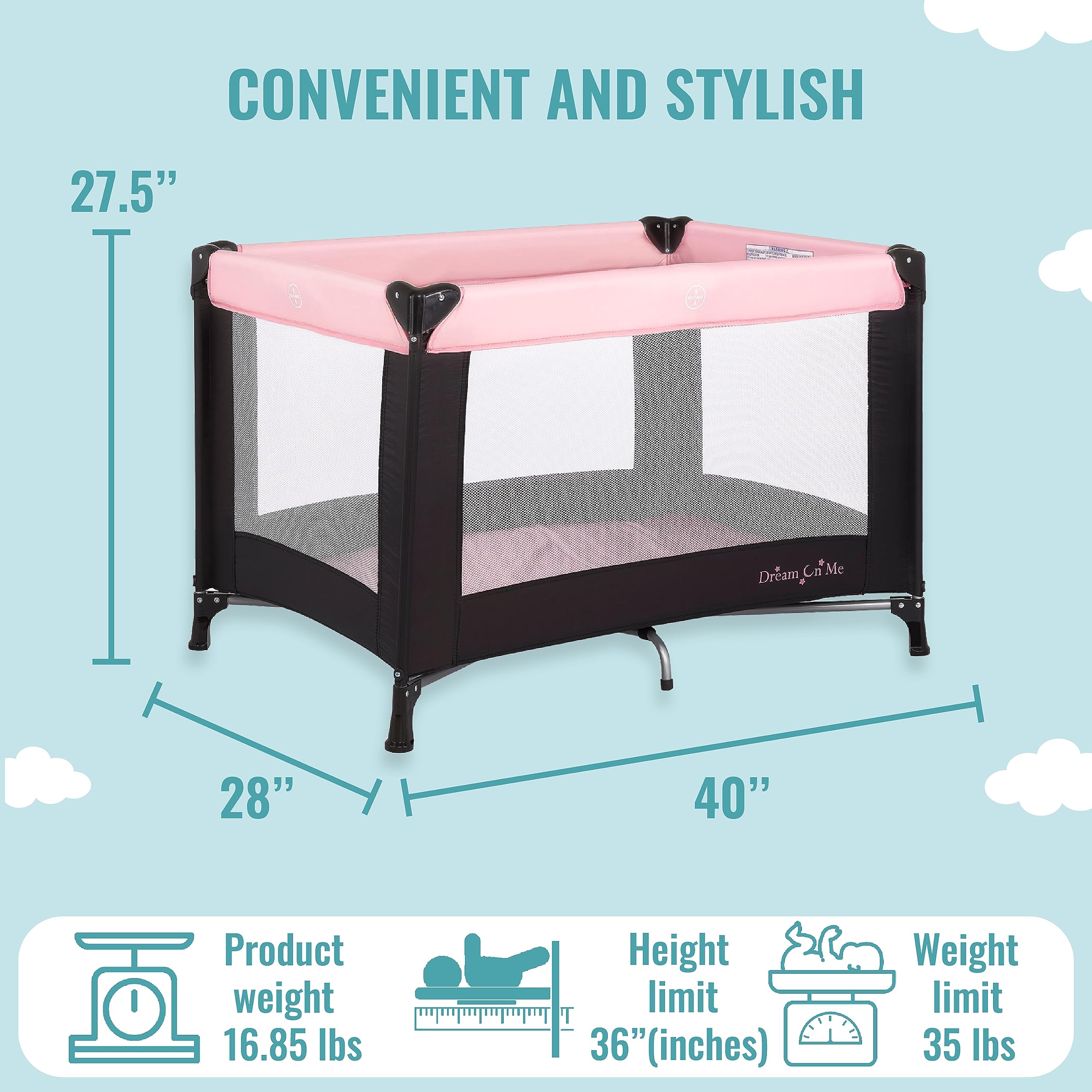 Dream On Me Nest Portable Play Yard with Carry Bag and Shoulder Strap, Pink