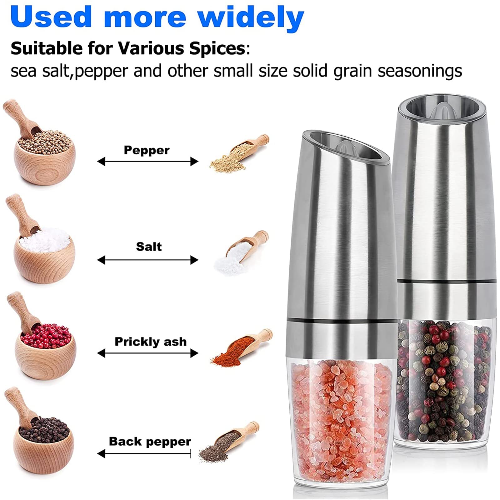 Salt and Pepper Grinder Electric Gravity Grinder, Refillable Automatic One-Hand Operated Pepper and Salt Mill Set with Adjustable Coarseness and LED light, Battery-Operated 2 Pack