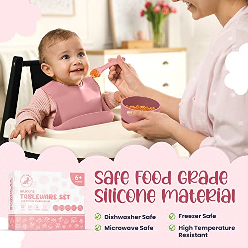 Silicone Baby Feeding Set - Food-Grade Baby Led Weaning Supplies For Toddlers - Includes Non-BPA Suction Plate with Divider, Suction Bowl, Pocket Bib, Spoon & Sippy Cup For Weaning - Pink