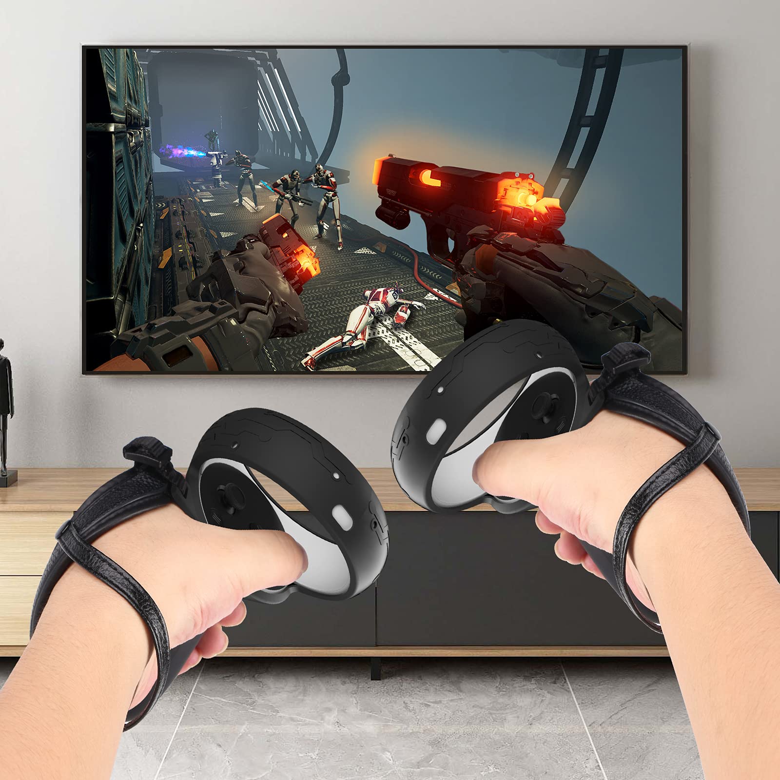 EWalos Touch Controller Grip Leather Cover for Oculus Quest 2 Double Protection Anti-Throw Handle Silicone Accessories, Adjustable The Pattern of Lychee Pu Leather Wrist Knuckle Strap(1 Pair, Black)