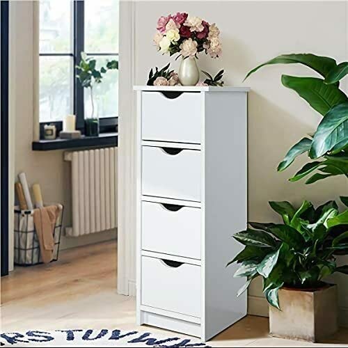 MAXCBD Nightstand Bedside Table Drawer Cabinet Floor Cabinets Storage with 4 Drawers for Bathroom Laundry Room Bedroom Fashion Pure Matt White Sleek Design Appearance Storage Tower Dresser