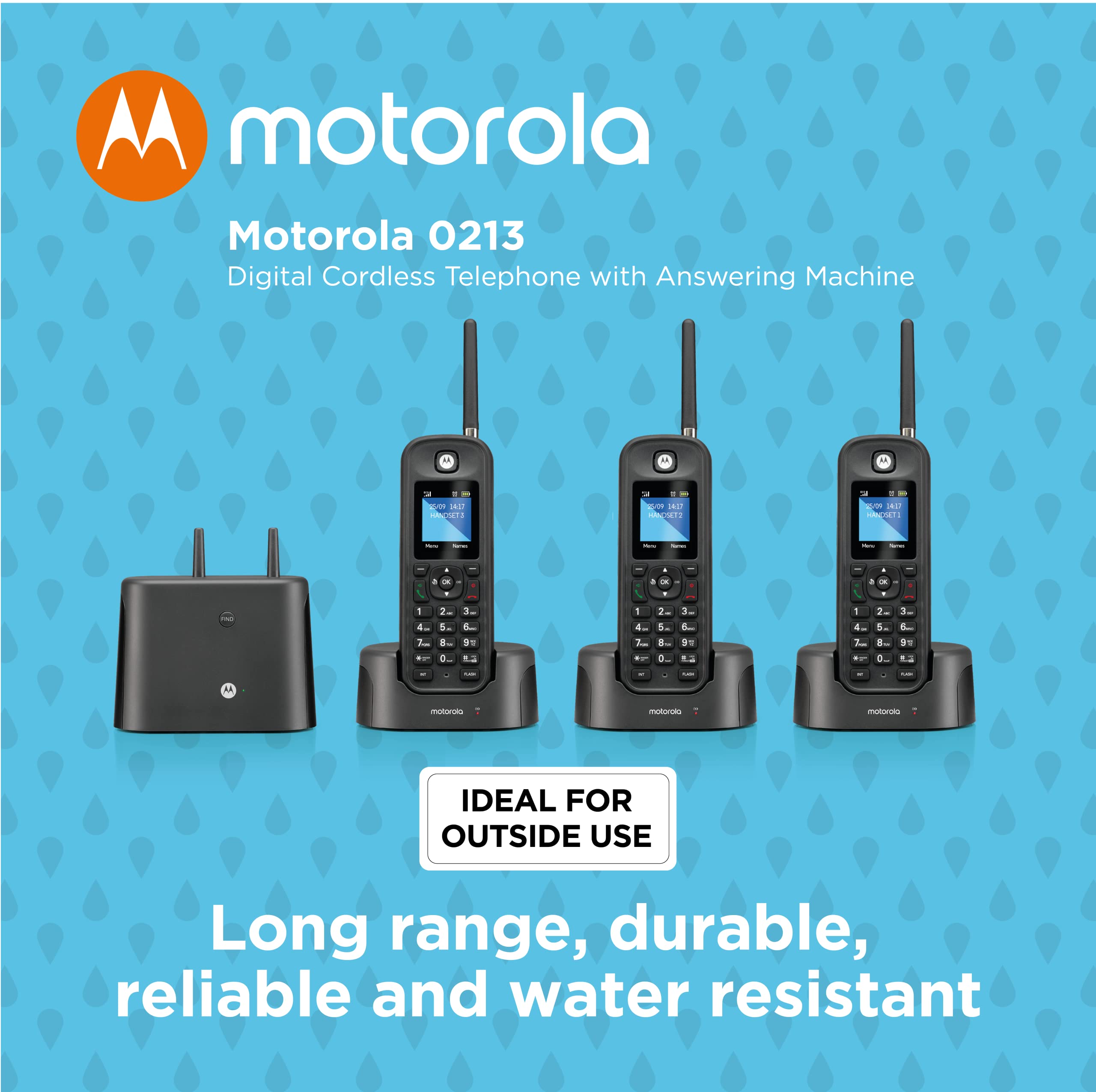 Motorola O213 DECT 6.0 Long Range Cordless Phone - Wireless Phones for Home & Office Phone with Answering Machine - Indoors and Outdoors, Water & Dust Resistant, IP67 Certified - Black, 3 Handsets