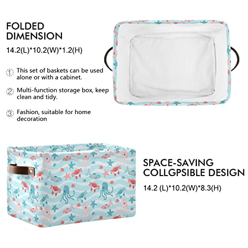xigua Cartoon Octopus Fish Crabs Shellfish Square Storage Basket,Collapsible Sturdy Fabric Storage Basket Cube W/Handles for Clothes Toy Closet(1 pcs)