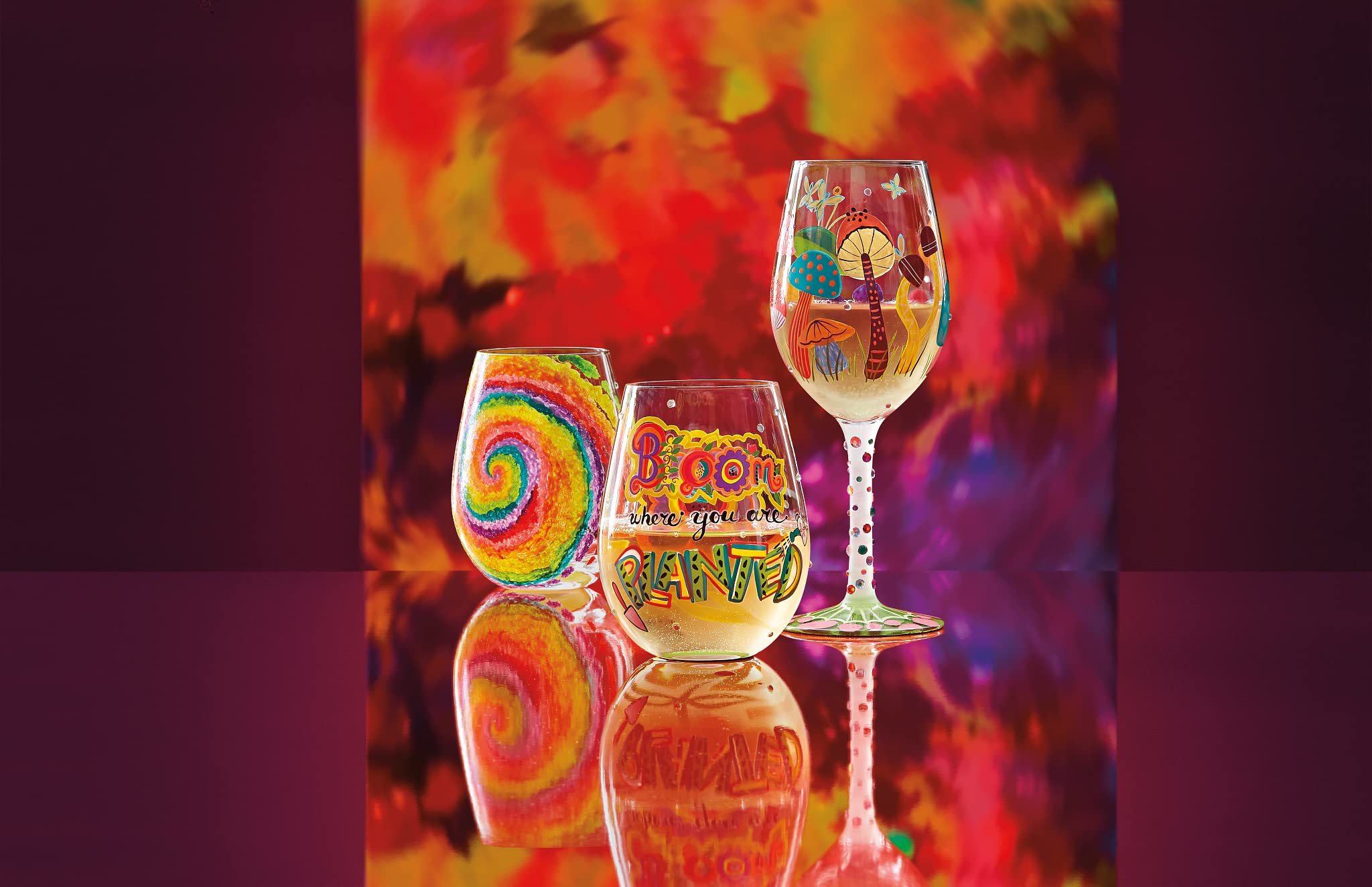 Enesco Designs by Lolita Tie Dye Hand-Painted Artisan Stemless Wine Glass, 20 Ounce, Multicolor