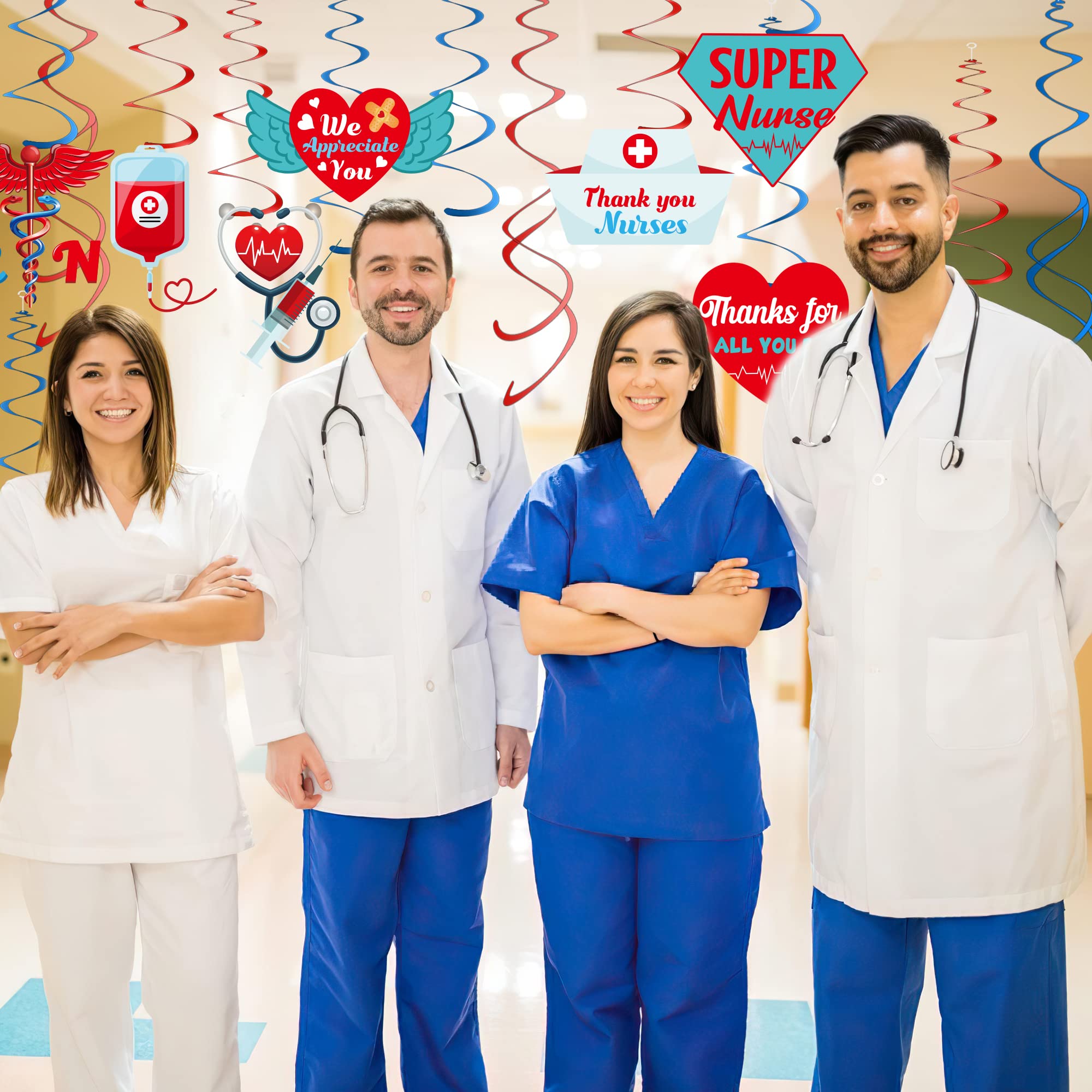Nurses Week Decorations, 38PCS Nurses Hanging Swirls Decorations 2024, Blue Red Swirls School RN Nurse Graduation Decor, Happy Nurses Week Appreciation Swirls for Nursing Graduation Party Supplies