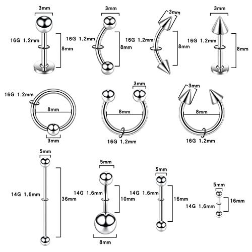 LOYAL BOOK 104pcs Piercing Kit 14G16G Belly Button Piercing Kit Septum Piercing Kit Belly Piercing Kit Piercing Kits for all piercings (Stainless steel color)