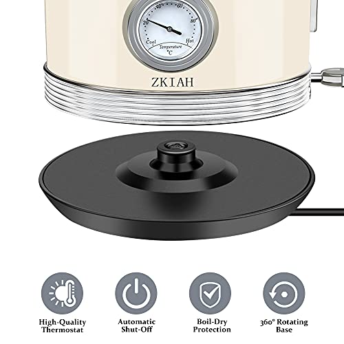Electric Kettle Stainless Steel, Retro Water Boiler with Filter Thermometer Water Level Indicator LED Switch, Auto Shut-Off and Boil-Dry Protection (Beige)