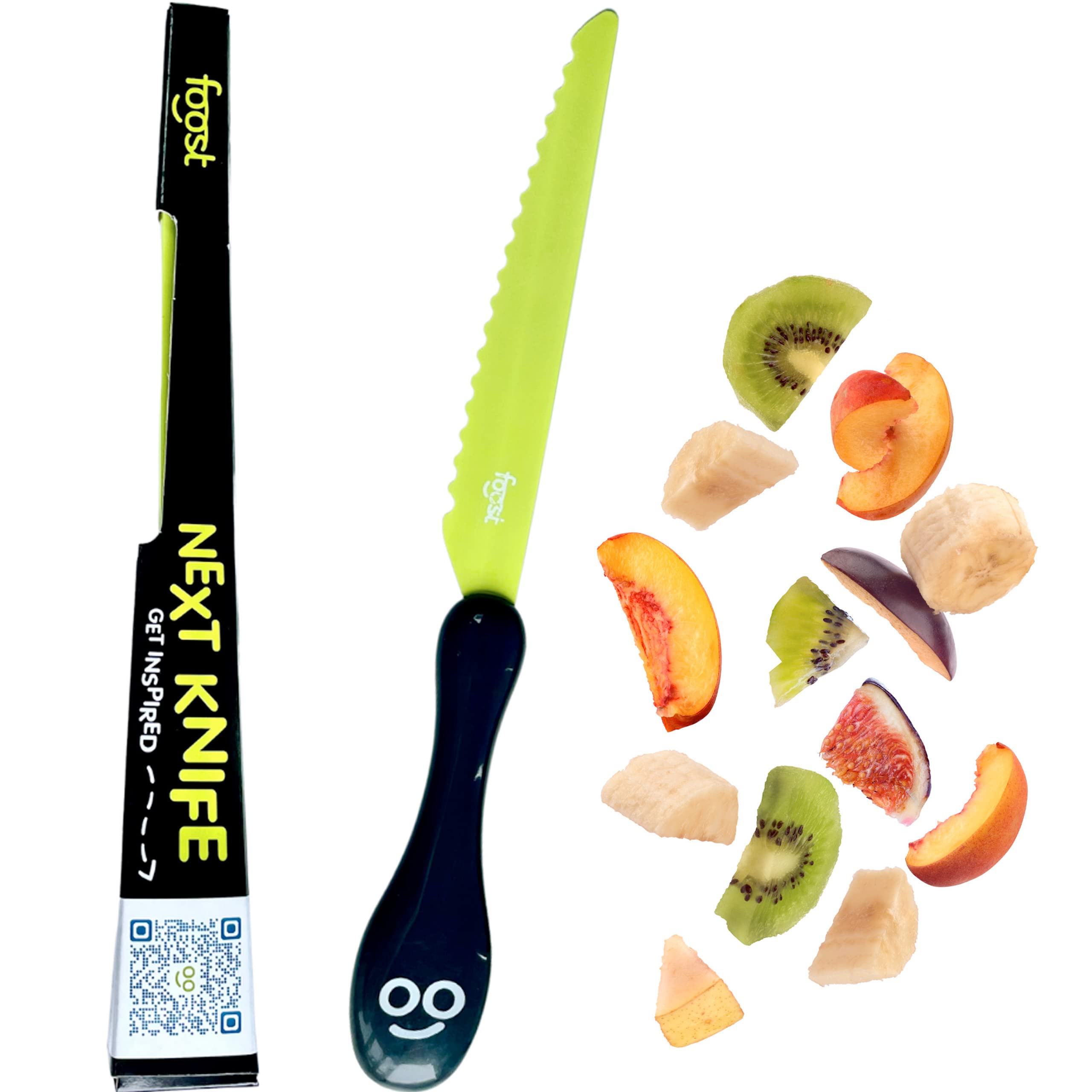 Foost Kids Knife - Kitchen Safe Kids Knife for Real Cooking & Cutting Vegetables & Food - Next Knife for Kids Aged 5+ with Stainless Steel Coat, Longer Serrated Blade, Blunt Tip, & Easy Grip Handle