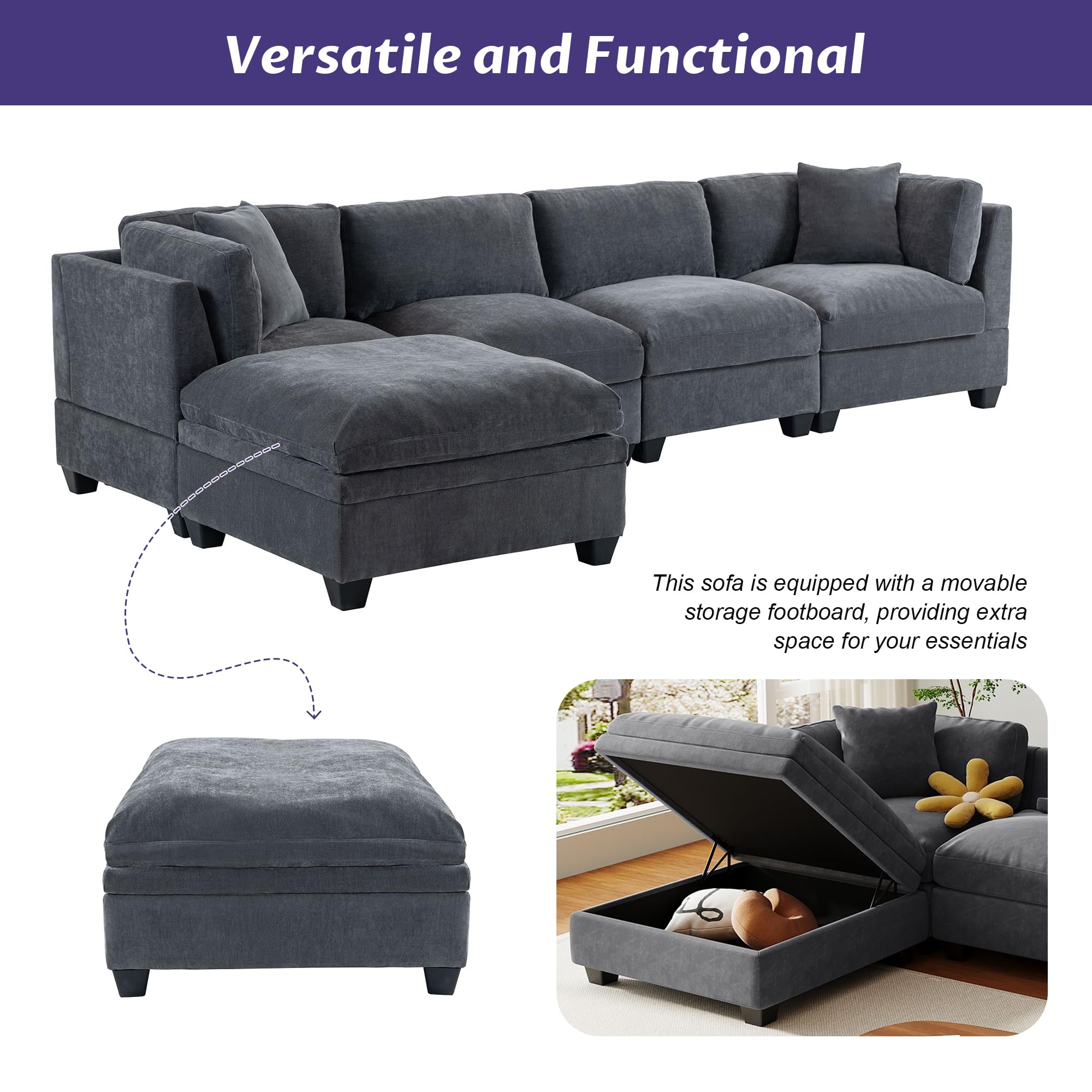 Merax Modern Upholstered Modular Sectional Sofa with Removable Storage Ottoman and Hidden Cup Holders Freely Combinable Indoor Furniture Sets for Apartments,Studio,Office, 5 Seat-L Shape, Grey