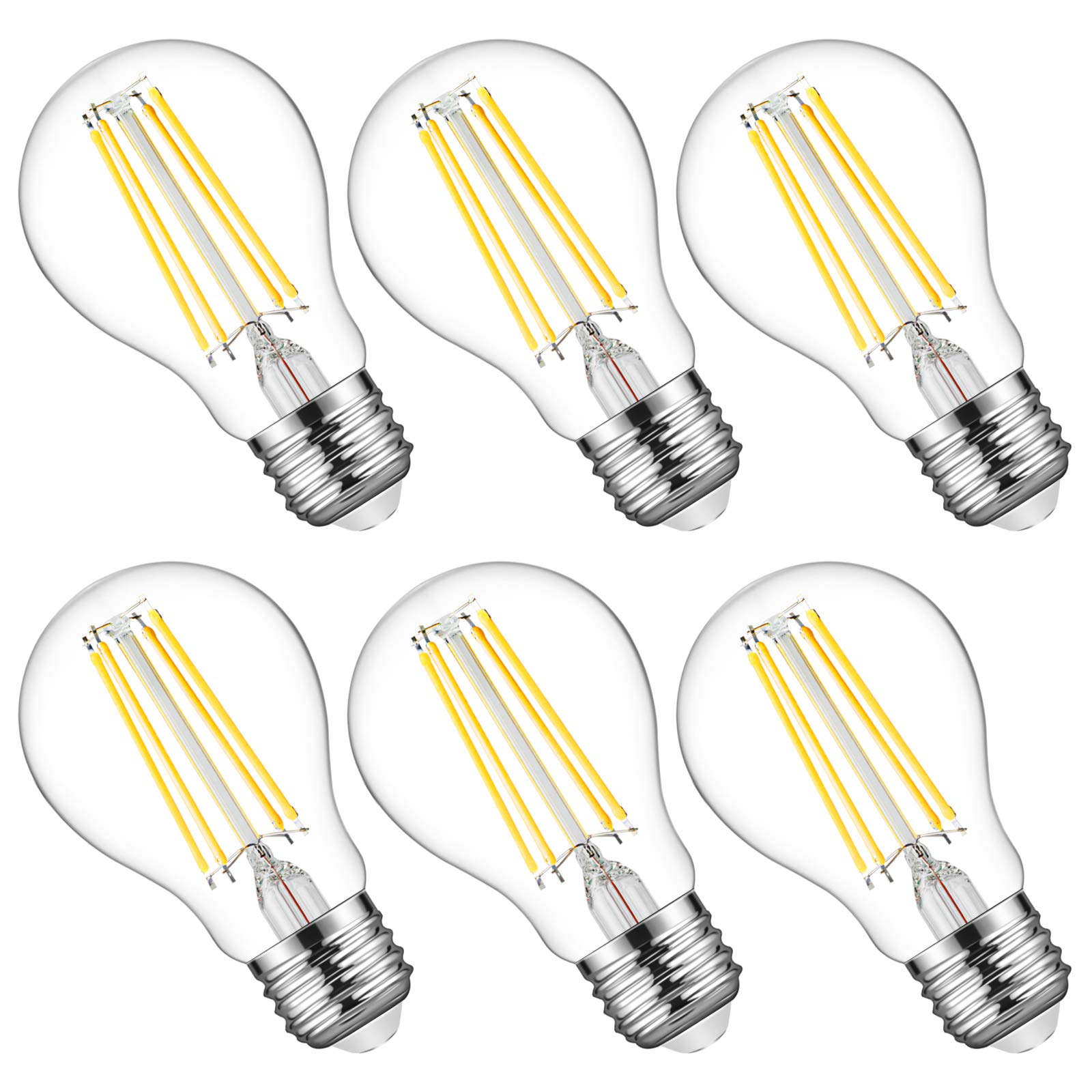 Defurhome Dimmable A19 Filament LED Light Bulb, 6W (60W Equivalent), Classic E26 Clear Glass LED Bulbs with 80+CRI, 750 Lumens, Daylight White 4000K, Standard Replacement (6-Pack)