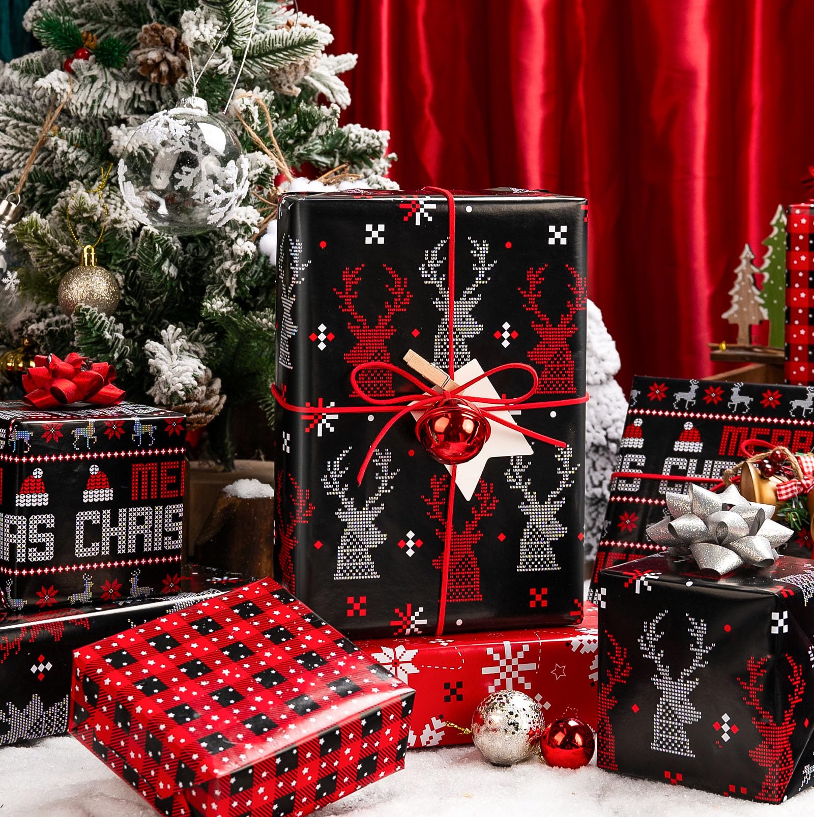 Merture Red and Black Christmas Wrapping Paper Set, Pixel Christmas Gift Paper Jumbo Roll with Reindeer, Snowflake, Christmas Text, Santa Hat, Buffalo Plaid - 4 Rolls - 30 In x 10 Ft per Roll