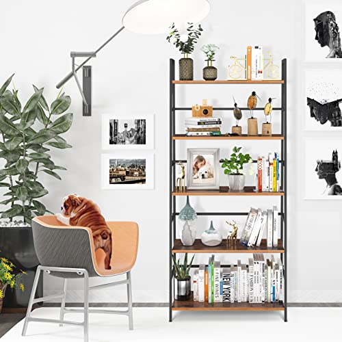 SpringSun 5 Tier Bookshelf Industrial Ladder Shelf Open Display Storage Rack Wood Bookcase with Metal Frame, Freestanding Storage Shelves for Home Office, Living Room, Bedroom, Kitchen