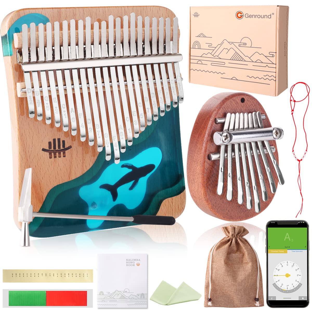Genround Resin Kalimba Thumb Piano & Finger Instrument Set, 21 Keys & 8 Keys Piano with Beginner's Study Instruction, Portable Finger Piano Gift for Kids and Adults, Includes Tuning Hammer