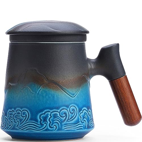 MAXJOY Tea Cup with Infuser and Lid,15.2 OZ Large Loose Leaf Tea Cup,Ceramic Tea Steeping Mug with Rosewood Handle,Black & Blue