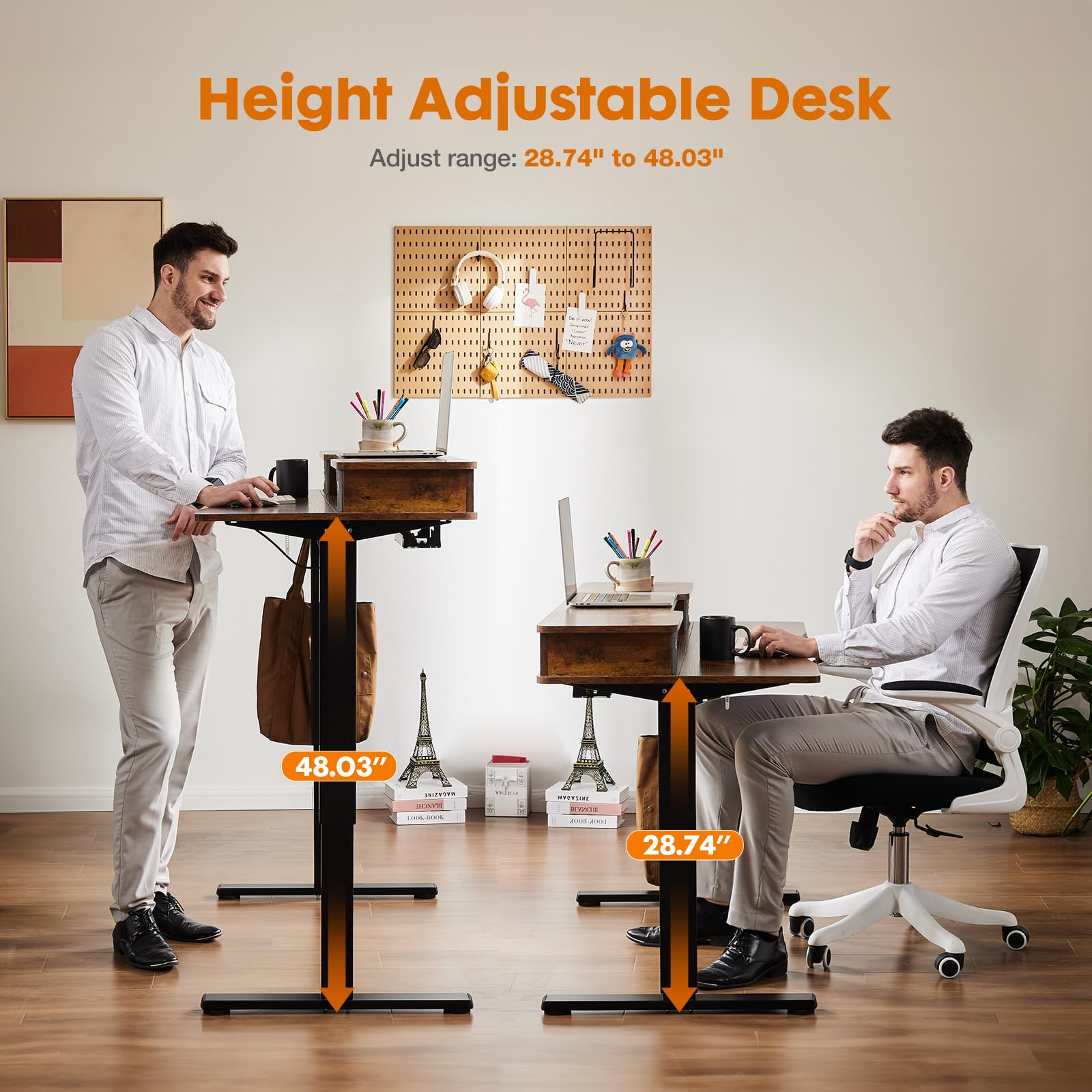 Electric Standing Desk Adjustable Height Stand Up Desk, 55 x 24 Inch Sit Stand Desk Adjustable Desk, Home Office Computer Desk with Storage Shelf, Double Drawer, Splice Board, Rustic Brown Desktop