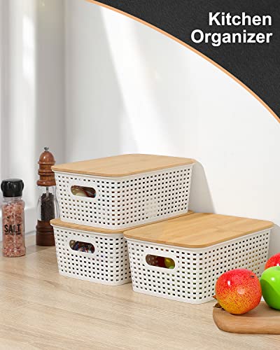 EOENVIVS Set of 6 Storage Baskets With Bamboo Lids, Plastic Storage Bins for Pantry Organization and Storage Containers for Shelves Drawers Desktop Closet Playroom Classroom Office Home, White