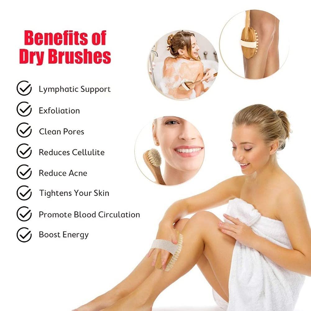Premium Dry Brushing Body Brush Set,Exfoliating body scrubber with long handle, Natural Boar Bristle Body Brush,Face Cleansing Brush,body brush set for lymphatic drainage,Great Gift for A Glowing Skin