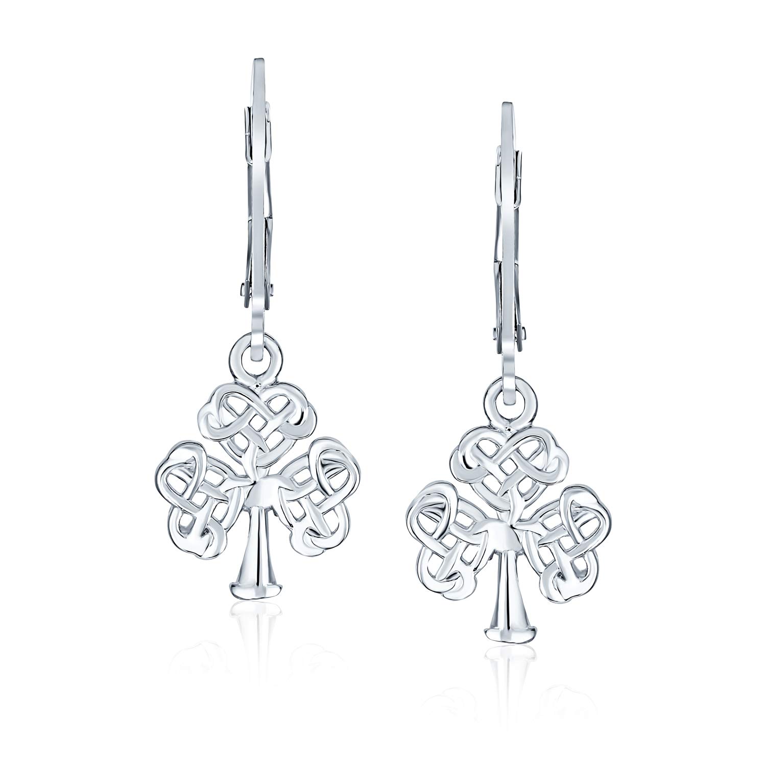 Delicate Petite Irish Triquetra Open Heart Shape Celtic Knot Good Luck Shamrock Clover Dangle Earrings Lever back .925 Sterling Silver
