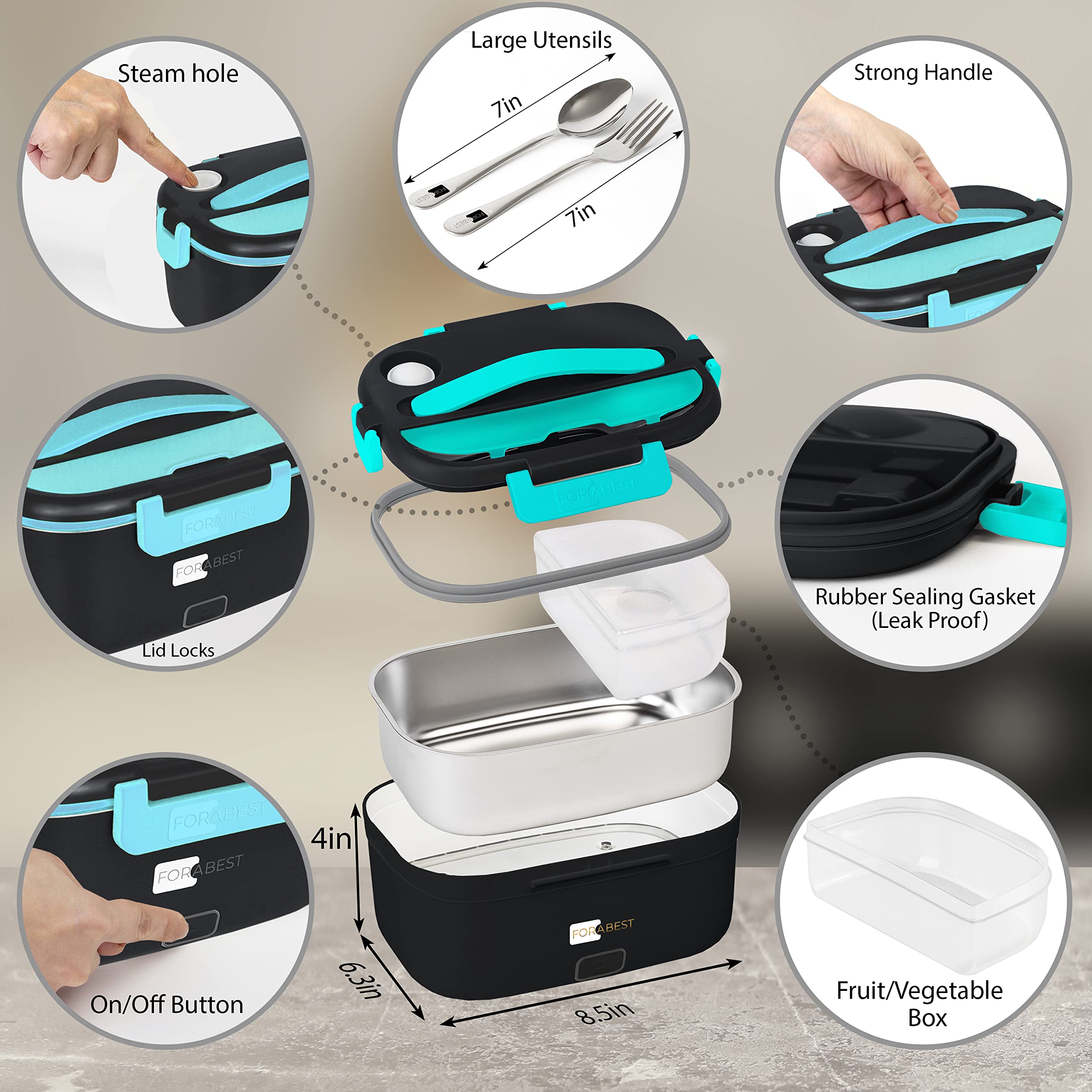 FORABEST Electric Lunch Box Food Heater Upgraded 60W Leakproof 2-in-1 Portable Food Warmer Lunch Box for Car & Home with Power on Button, Removable Container, Large Fork, Spoon (Green & Blue)