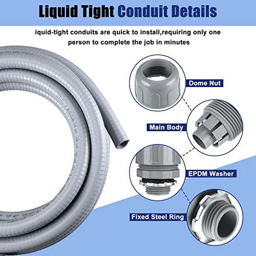 Electrical Conduit and Connector Kit Flexible Liquid Tight Electrical Conduit Non Metallic Electrical Conduit with 5 Straight and 3 Angle Fittings Included (1/2 Inch 50 Ft)