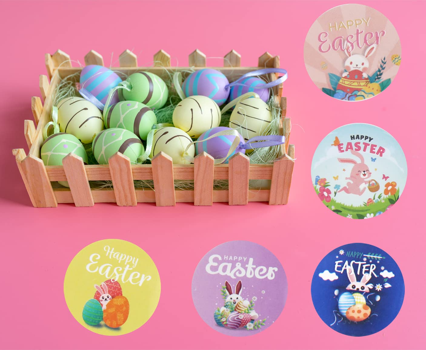 DAFURIET 500pcs Easter Bunny Stickers for Kids, Cute Happy 1 inch Self-Adhesive Easter Stickers, 8 Designs Happy Bunny Waterproof Stickers Per Roll for Easter Art Craft