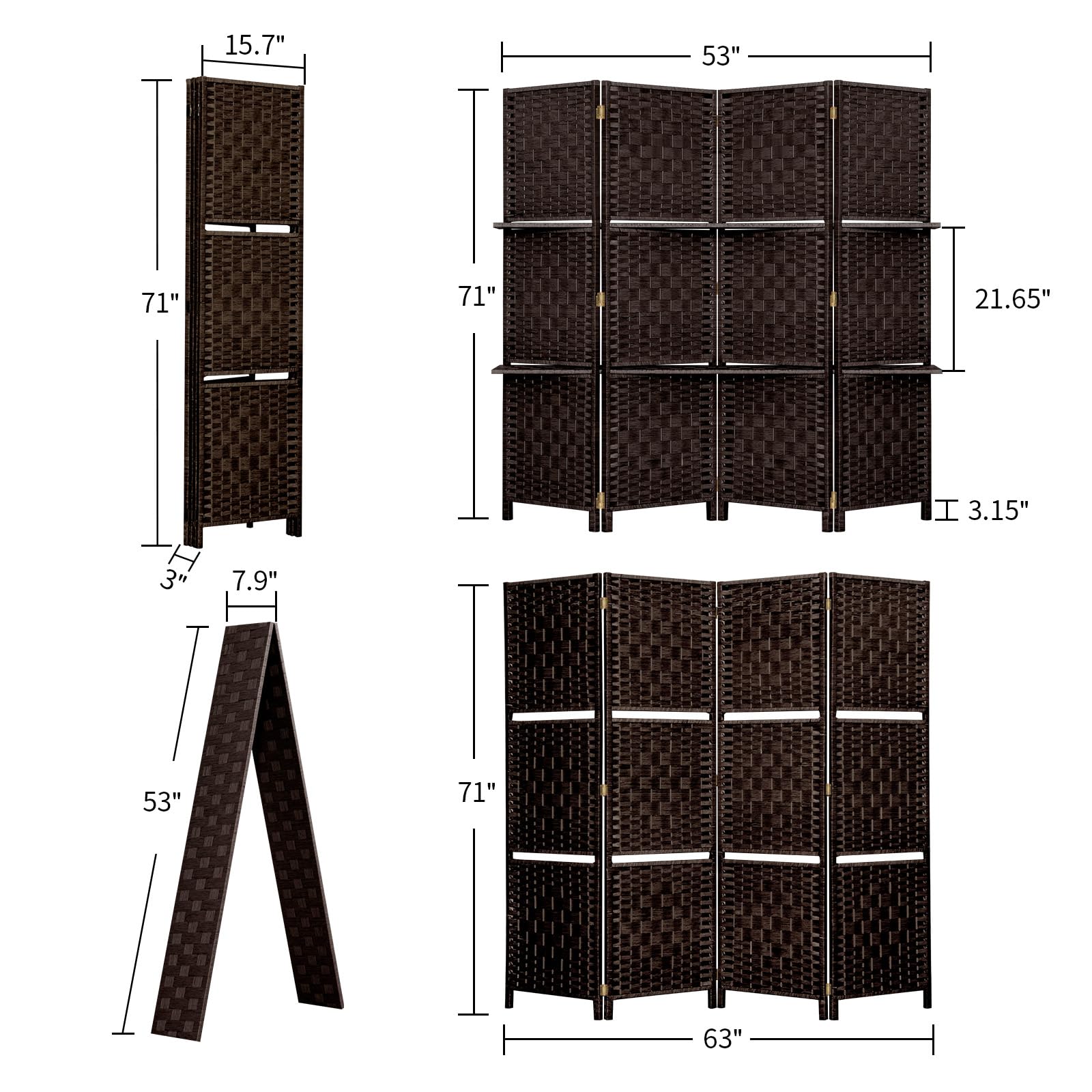 HALLYBEE Room Divider with Shelves, Room Dividers and Folding Privacy Screens, Divider for Room Separation Partition Room Dividers, 16" Folding Screen 6FT Room Divider Wall 4 Panel, Dark Mocha