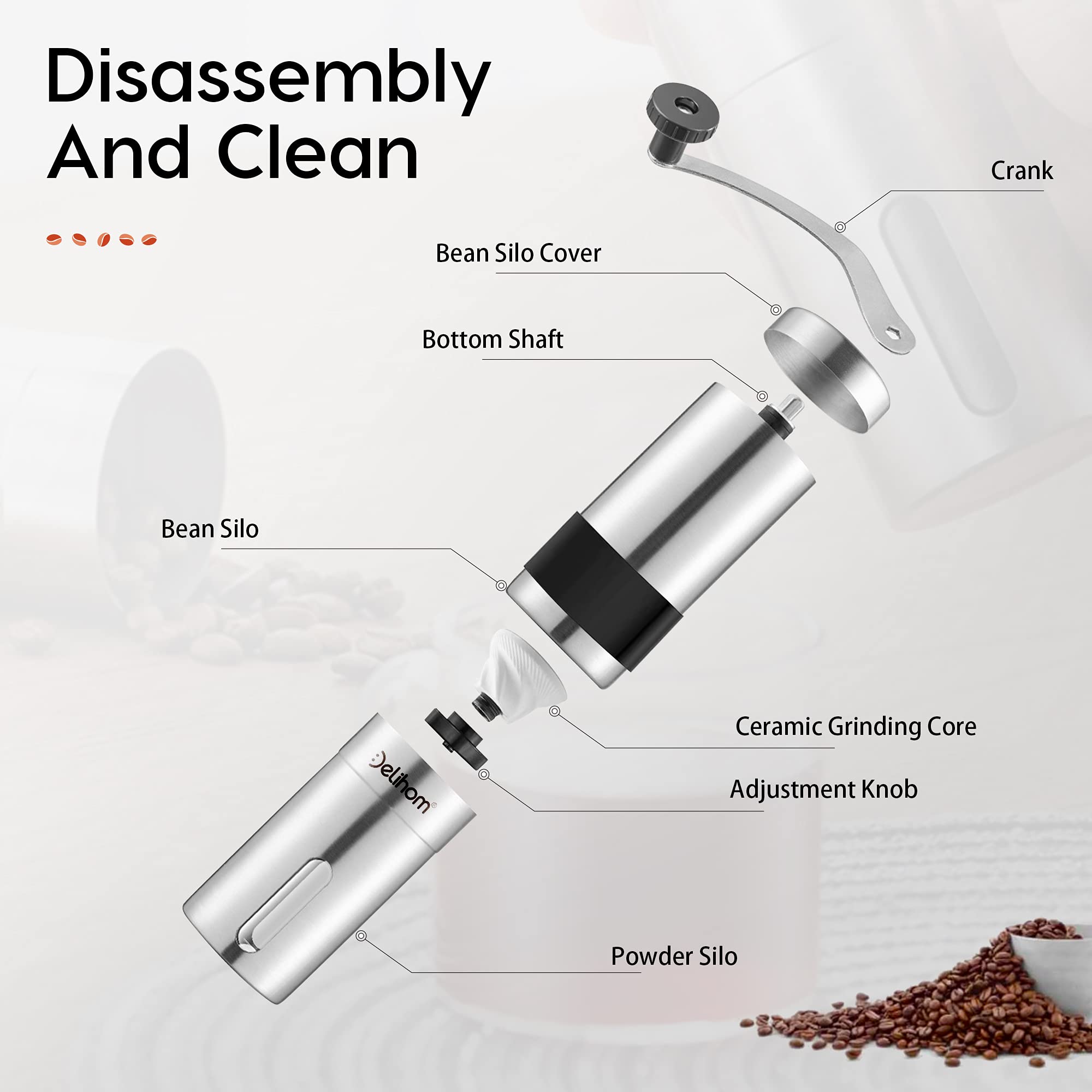 Delihom Manual Coffee Grinder, Hand Coffee Grinder with Adjustable Ceramic Burr for Drip Coffee, Espresso, French Press Used in Home and Travel (1.5oz)