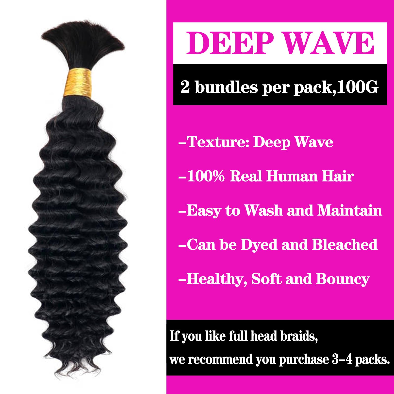 Deep Wave Bulk Human Hair for Braiding No Weft Micro Braiding Hair Braids Extensions 100% Unprocessed Virgin Human Hair Extensions Remy Bulk Hair 2 Braids Per Pack 100g (18 Inch, Black)