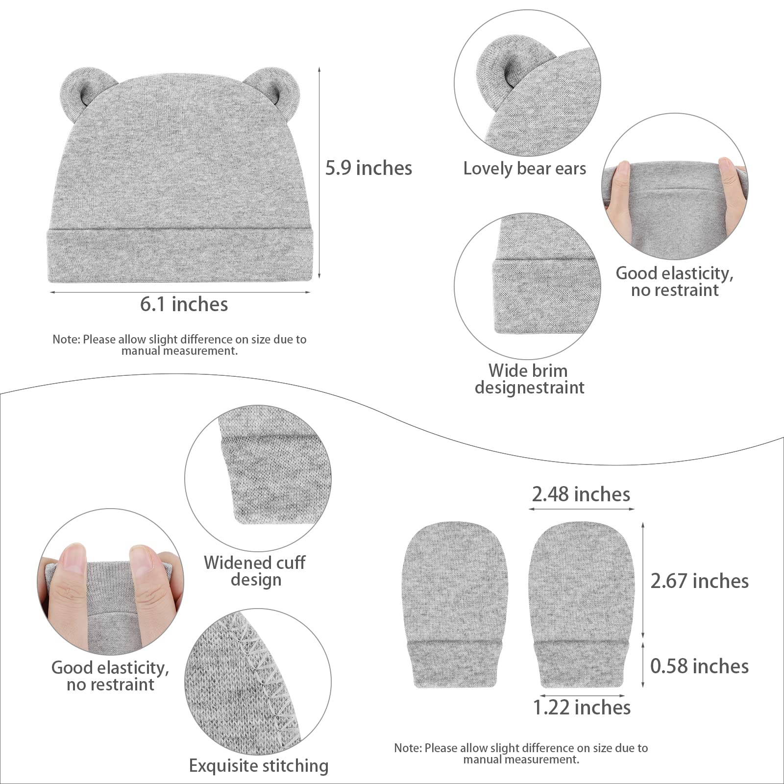 URATOT 6 Sets Newborn Baby Hats Mittens Sets Unisex Cotton Bear Ears Infant Caps Beanie Hat No Scratch Mittens for 0-3 Months