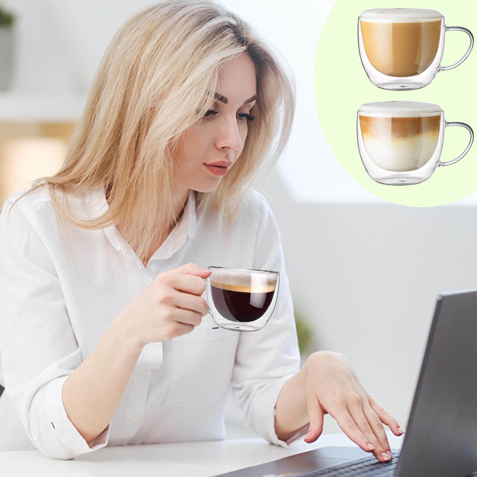 Double Walled Glass Coffee Mugs Set of 2, 8 oz Hand Blown Insulated Coffee Mugs with Handle, Clear Coffee Mugs for Cappuccino, Latte, Americano, Tea Bag, Beverage Glasses Heat Resistant Coffee Cups