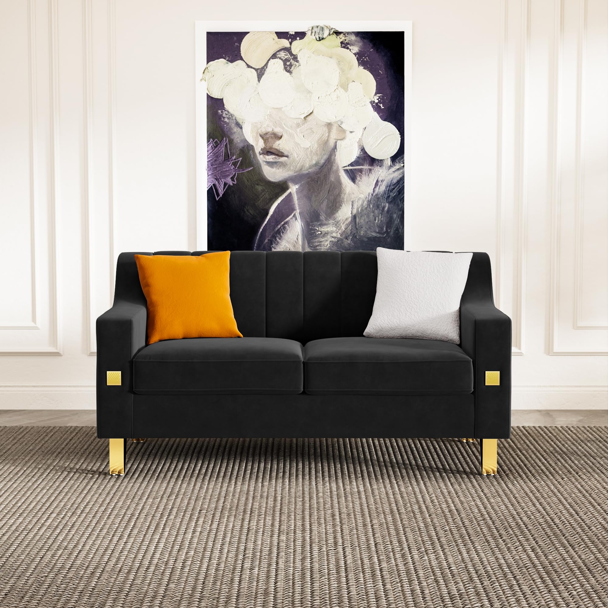 Mid-Century Modern 3 Seater Sofa Couch 82" Blue Velvet Sectional Sofa with Gold Legs and 3 Throw Pillows Large Upholstered Deep Seat Comfy Couch Sofa for Living Room Office Apartment Small Space