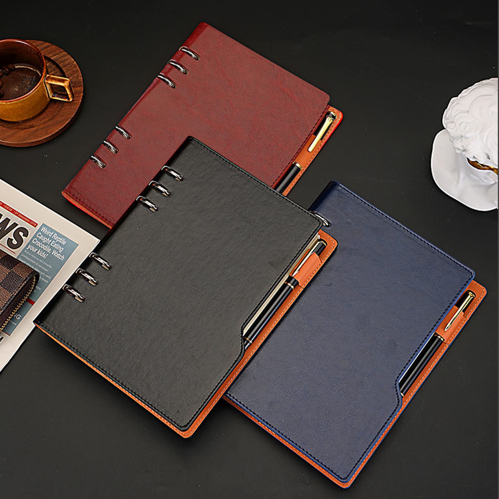 DSKPRTE Update A5 Refillable Leather Notebook for Writing 6-Ring Binder Leather Journal with Pen&Extra Black Ink Refill Lined Travel Journal for Men&Women Hardcover Notebook Daily Planner(Blue)