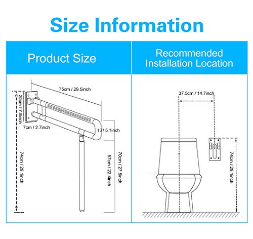 Handicap Grab Bars for Bathroom, Foldable Stainless Toilet Grab Bar with Textured Grip, 29.5(L) x27.5(H) inches Flip Up Toilet Safety Rails with Leg for Elderly